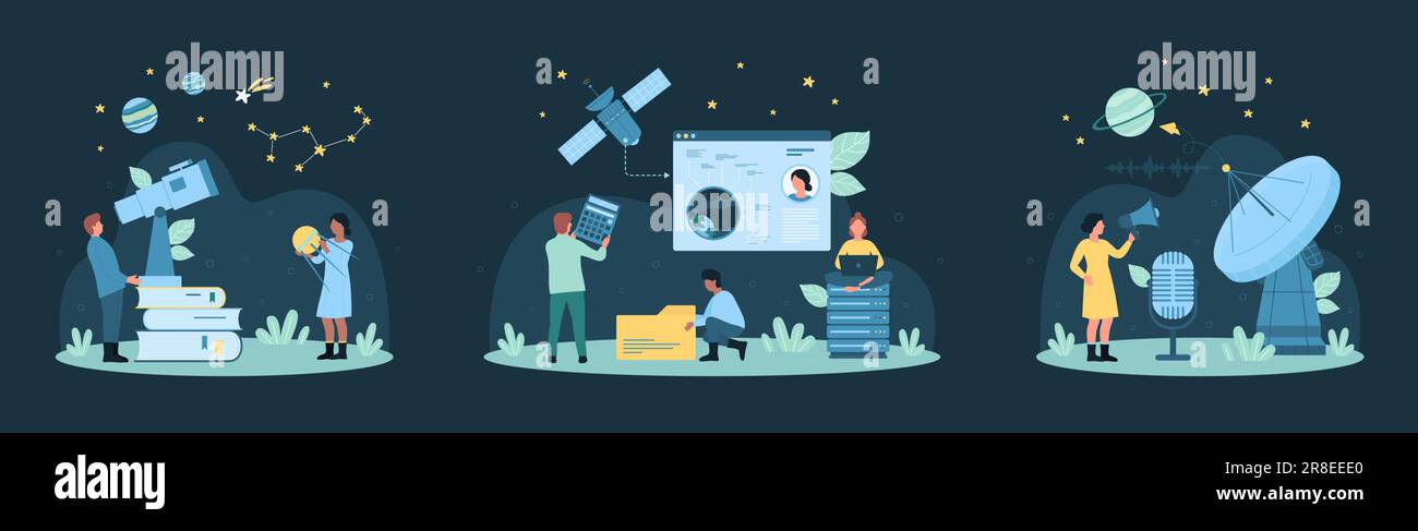 Space communication set vector illustration. Cartoon tiny people look at constellations of night ...