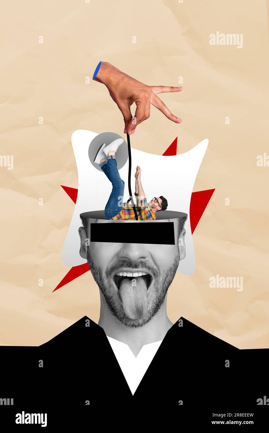 Unusual picture collage artwork of guy inside mind crazy tongue out ...
