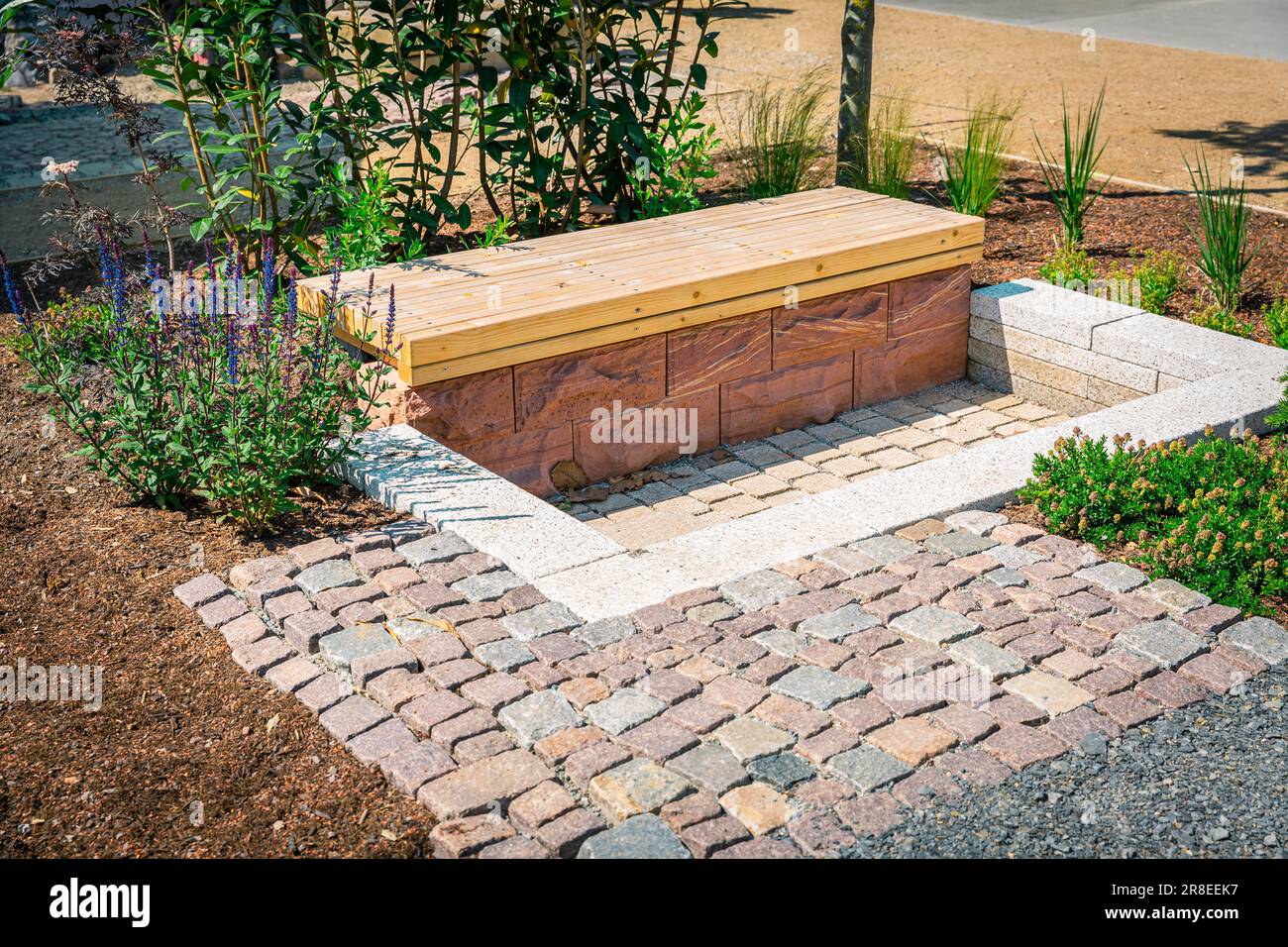 New modern bench and sitting area in patio, garden or terrace with ...