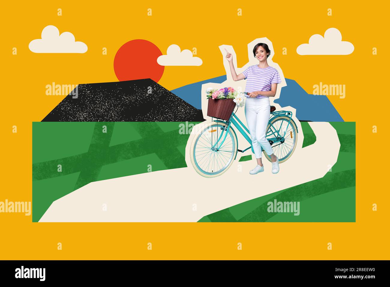 Creative painting collage template of happy cyclist lady have ...