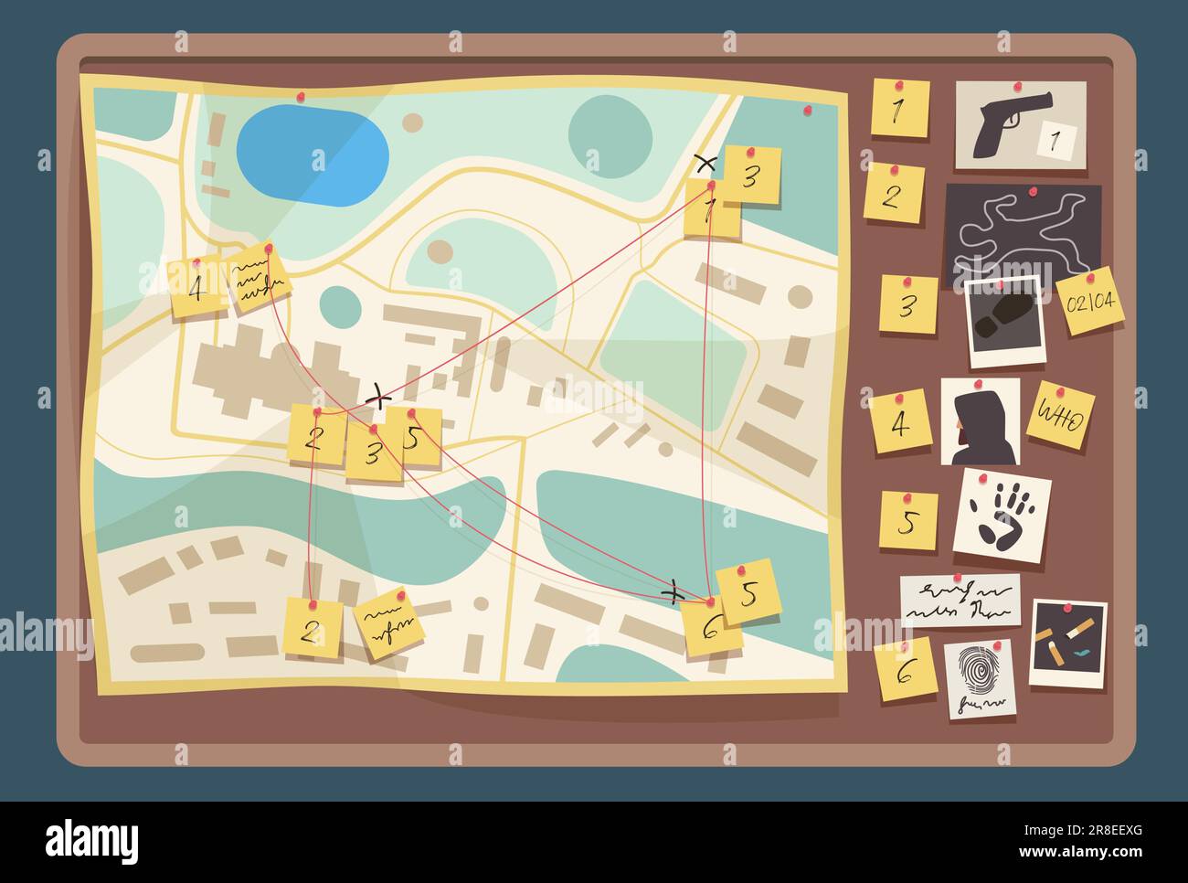 Detective board with crime evidences vector illustration. Cartoon ...