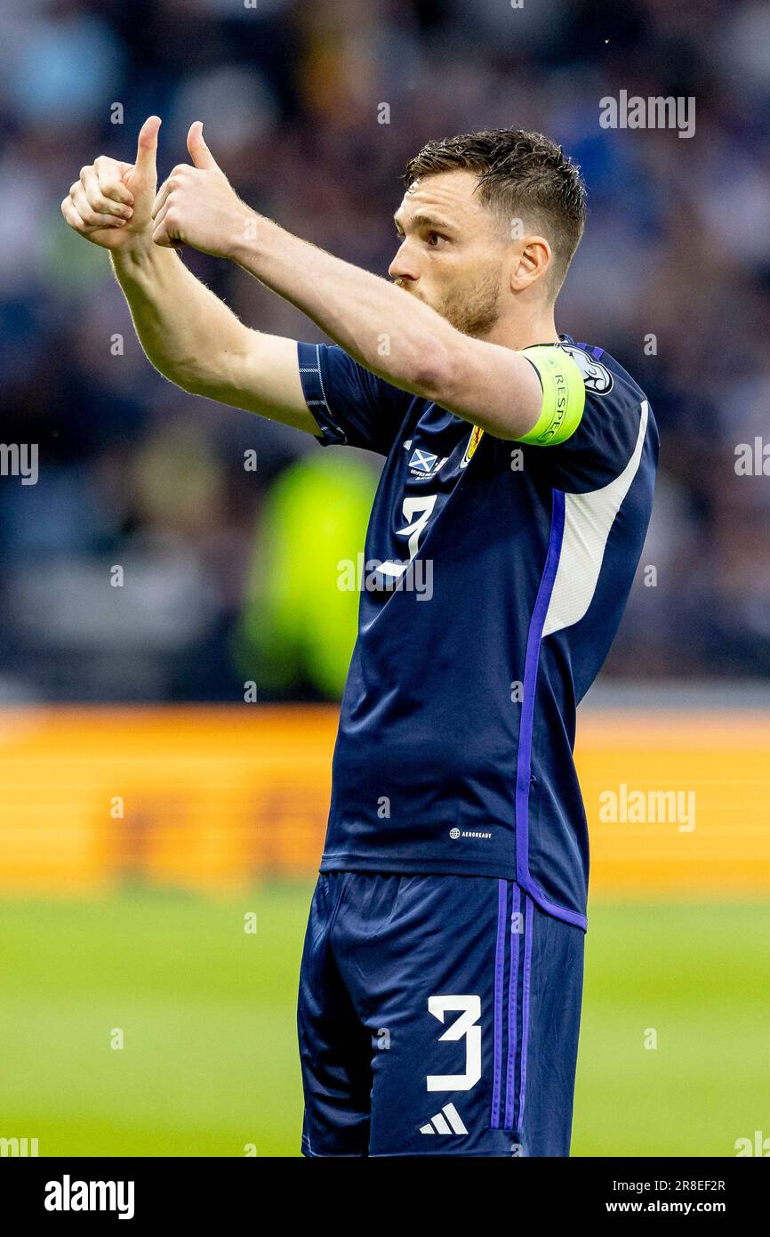 Glasgow, UK. 20th June, 2023. Thumbs up from Aaron Hickey of Scotland ...