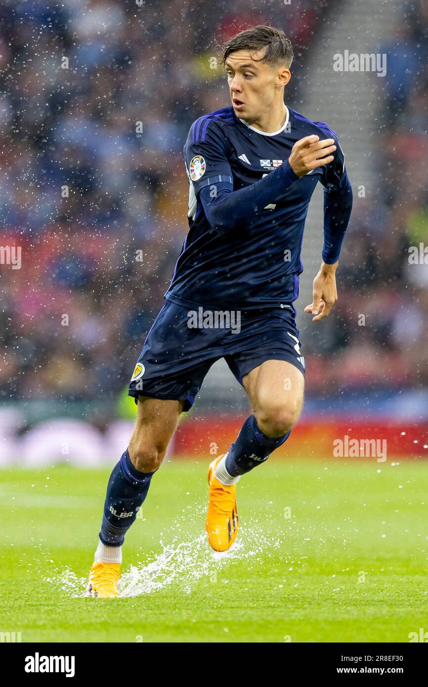 Glasgow, UK. 20th June, 2023. Aaron Hickey of Scotland during the UEFA ...