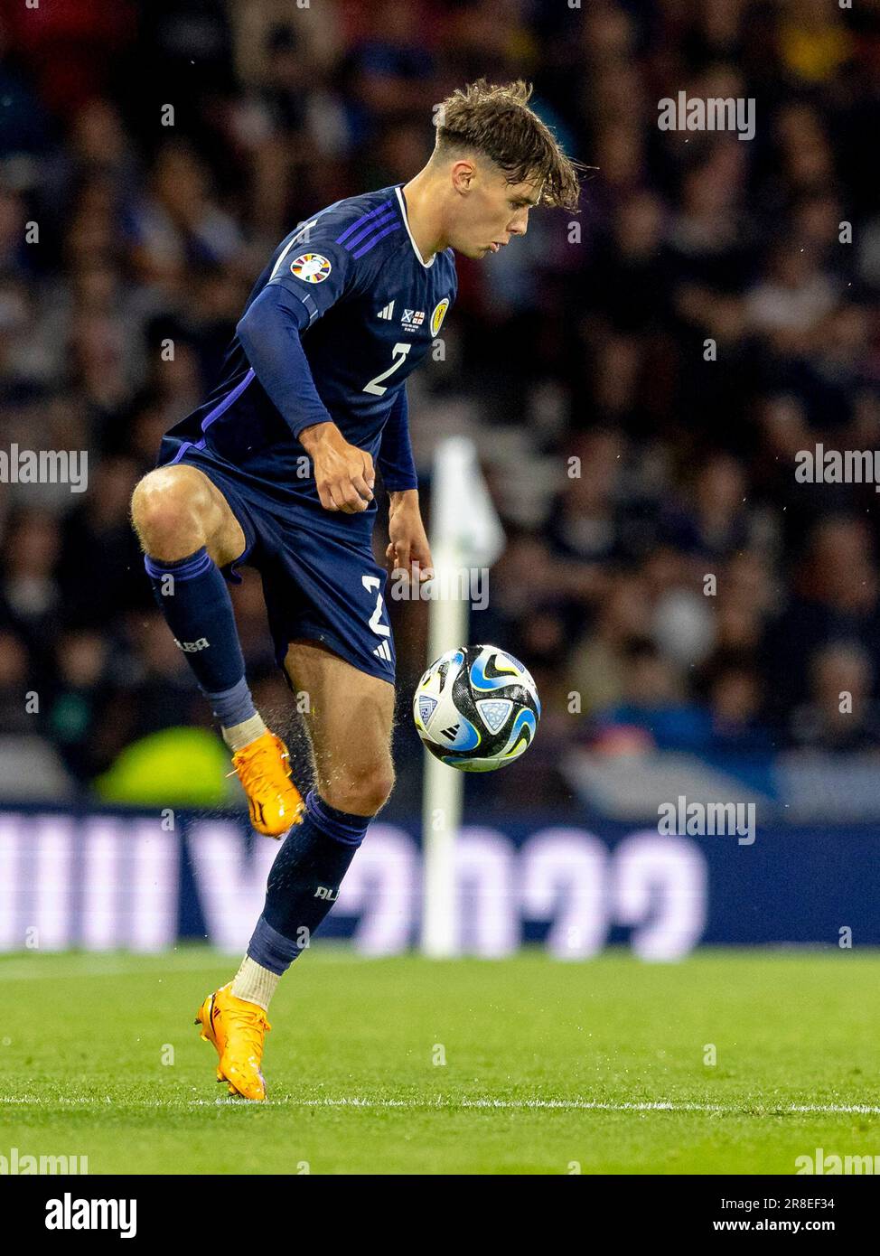 Glasgow, UK. 20th June, 2023. Aaron Hickey of Scotland during the UEFA ...