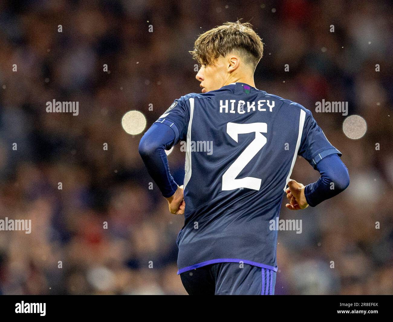 Glasgow, UK. 20th June, 2023. Aaron Hickey of Scotland during the UEFA ...