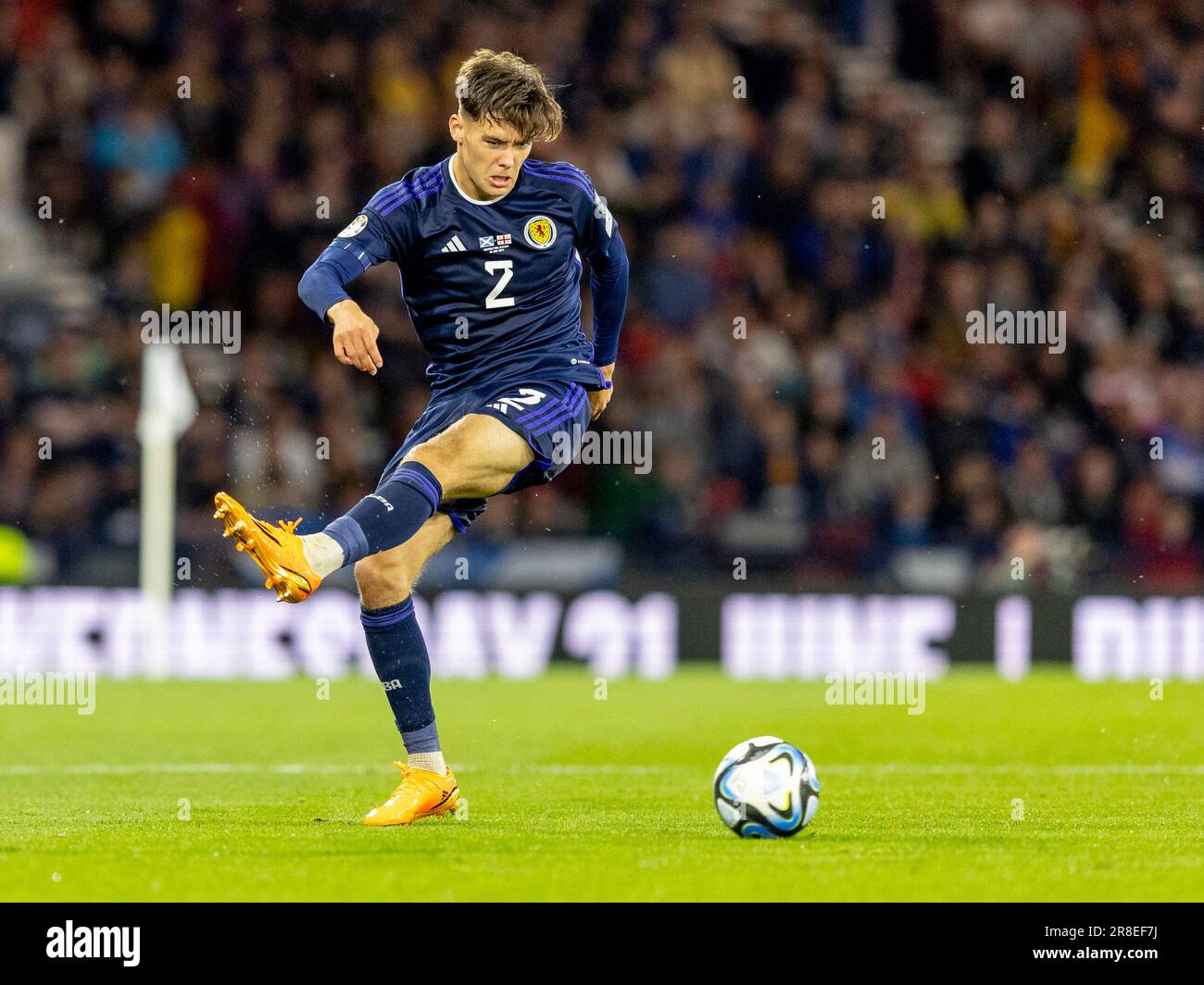 Glasgow, UK. 20th June, 2023. Aaron Hickey of Scotland during the UEFA ...