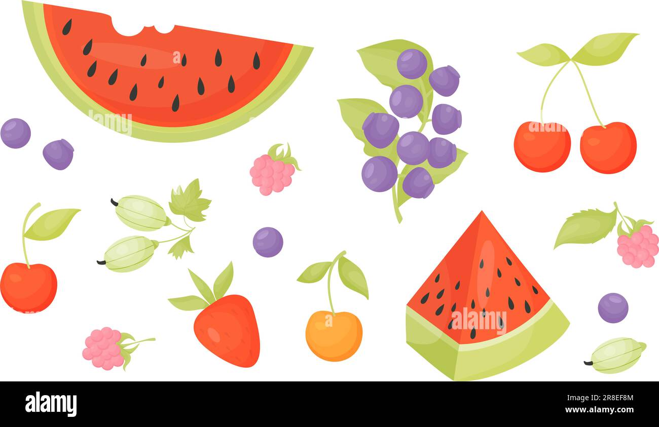 Collection summer berries. Forest blueberries and raspberries, garden ...