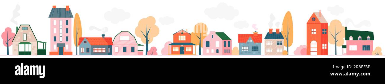 Cute cartooon charming small town village houses panorama. Front view ...