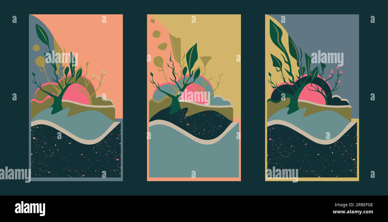 Abstract modern landscape posters. Modern background with trees, wall ...