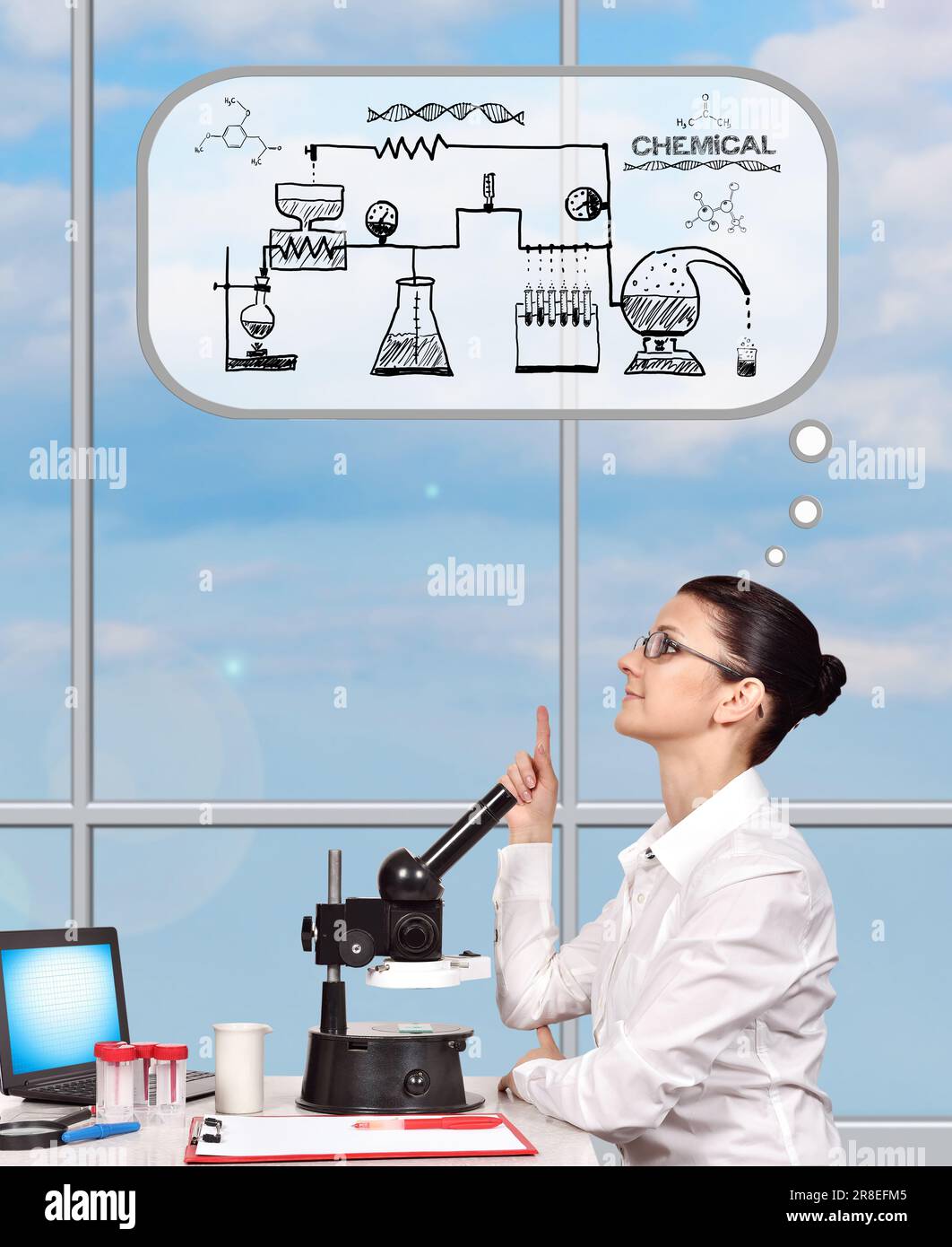 scientific researcher woman thinking about scheme chemical reaction ...