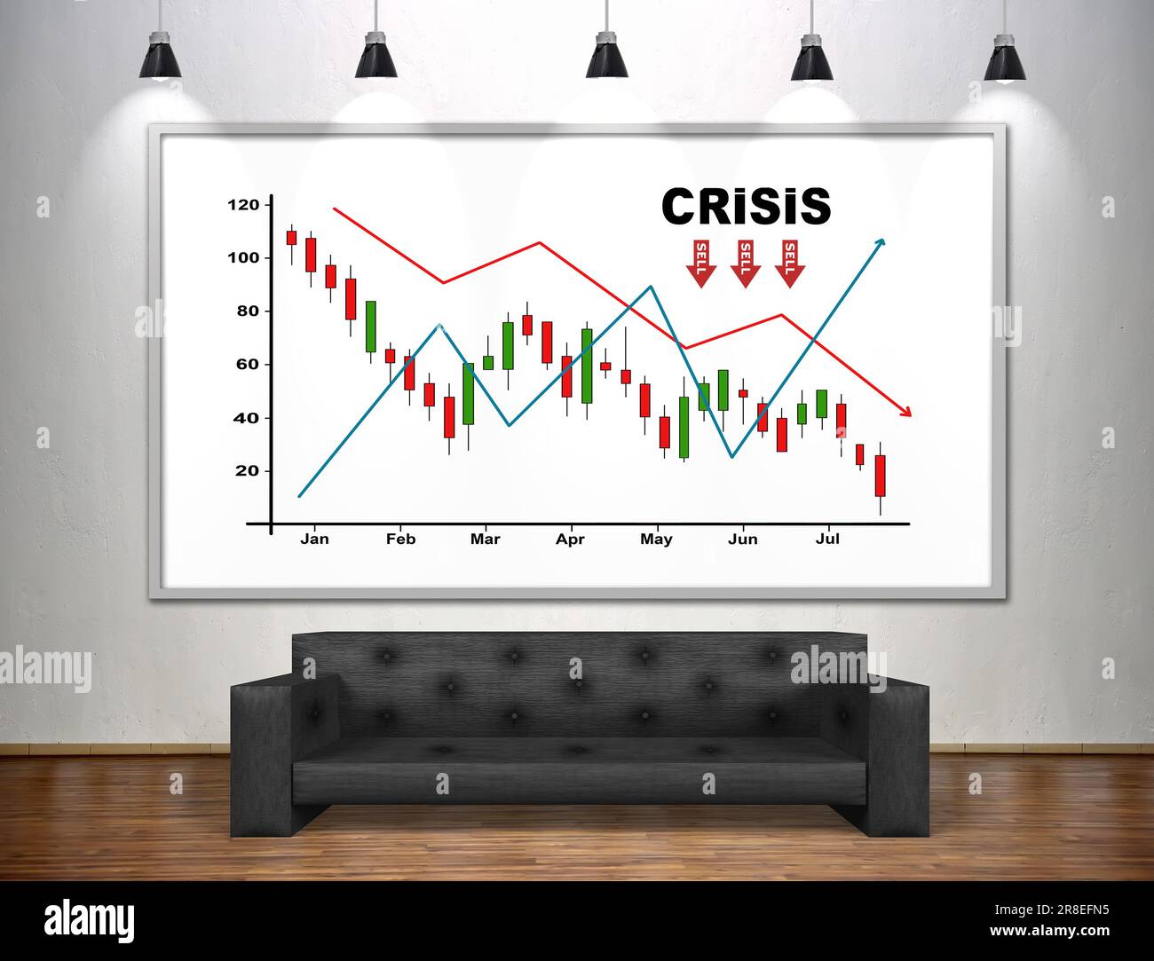 Drawing crisis chart on banner. Black sofa in loft room Stock Photo - Alamy