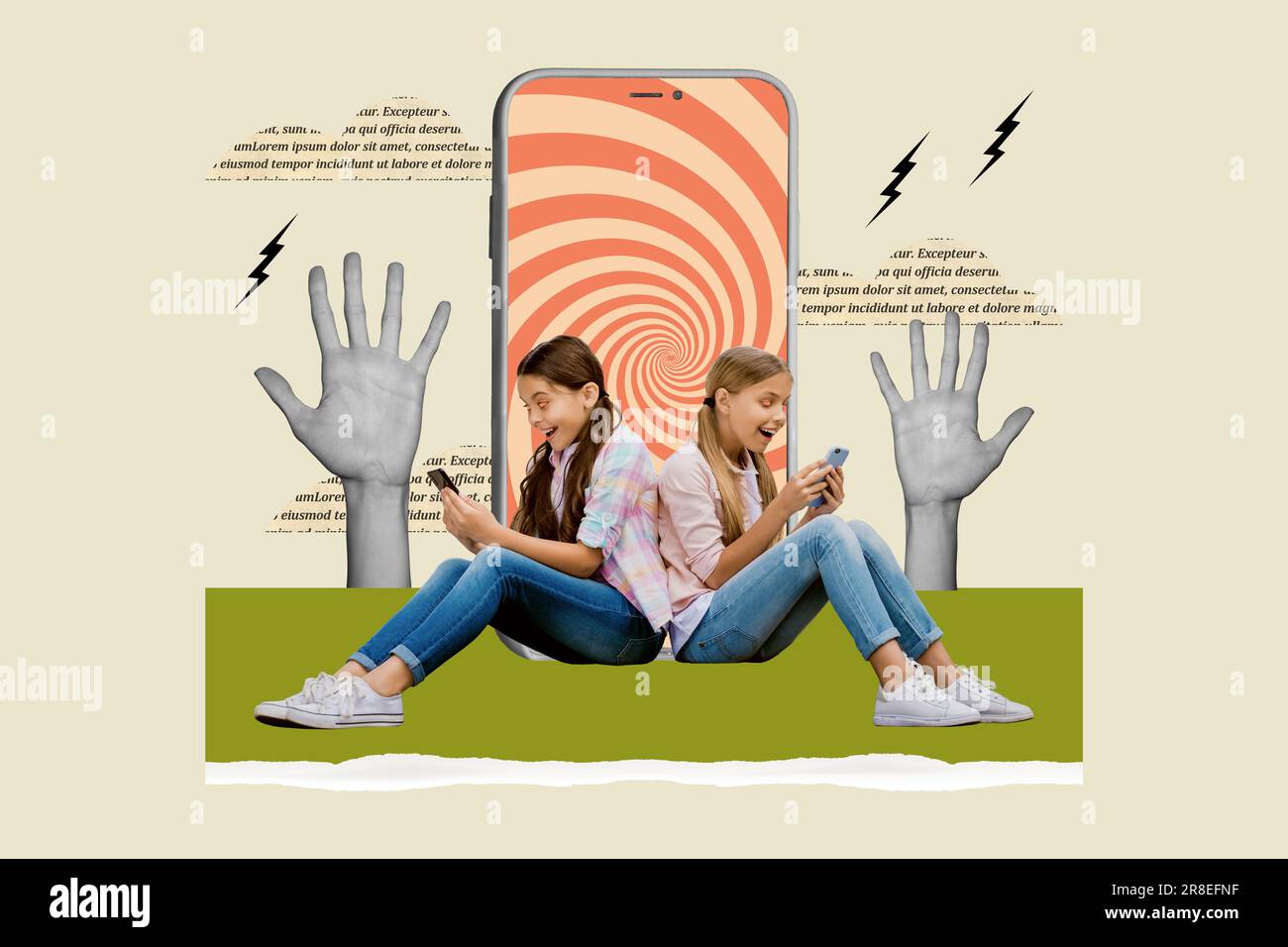 Surreal unusual template collage of two schoolkids using cell smart ...