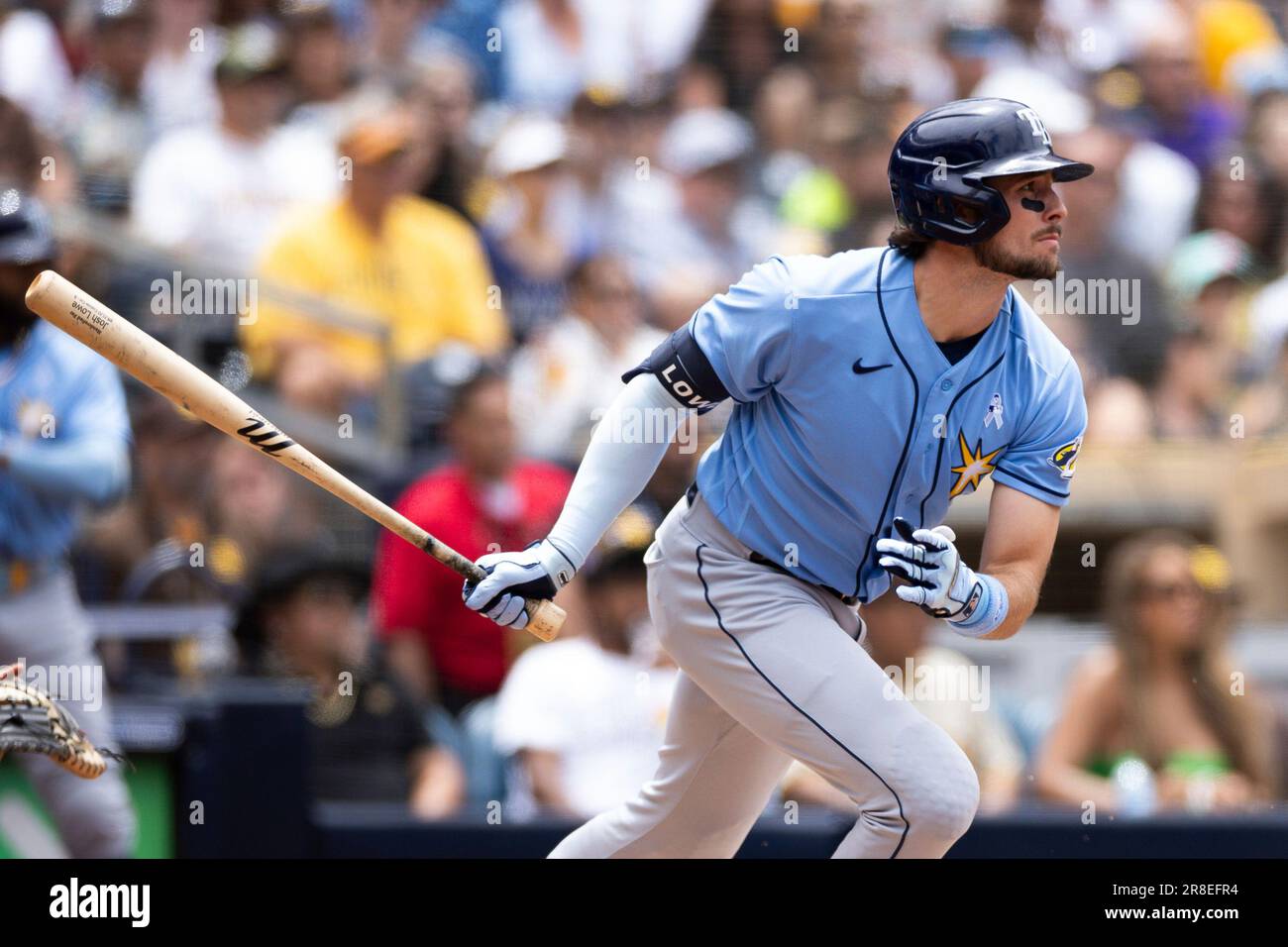 Tampa Bay Rays' Josh Lowe watches his RBI single against the San Diego ...