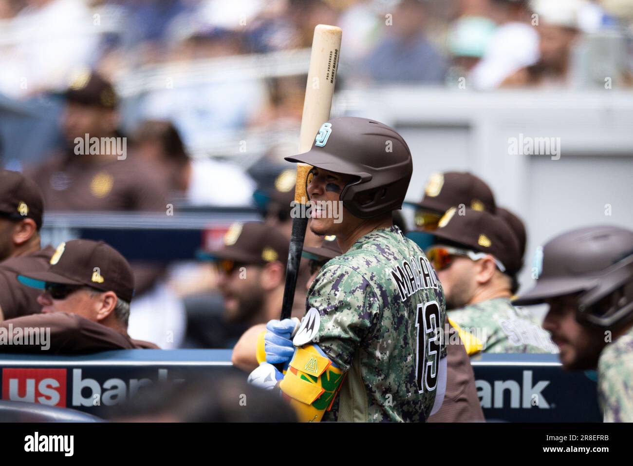 San Diego Padres' Manny Machado looks out from the dugout prior to an ...