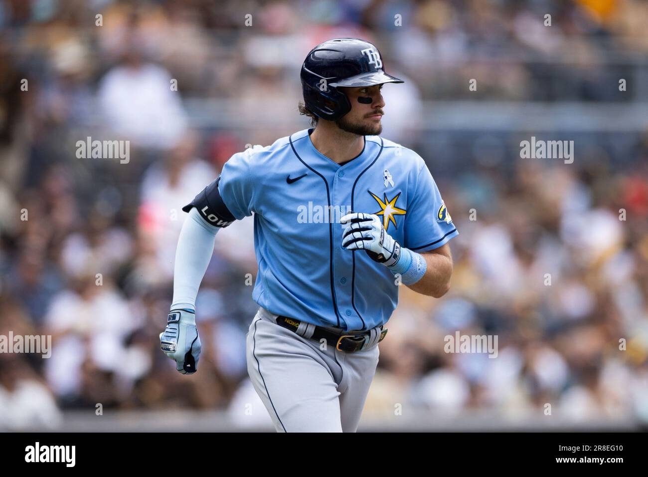 Tampa Bay Rays Josh Lowe watches his hit as he runs the bases against ...