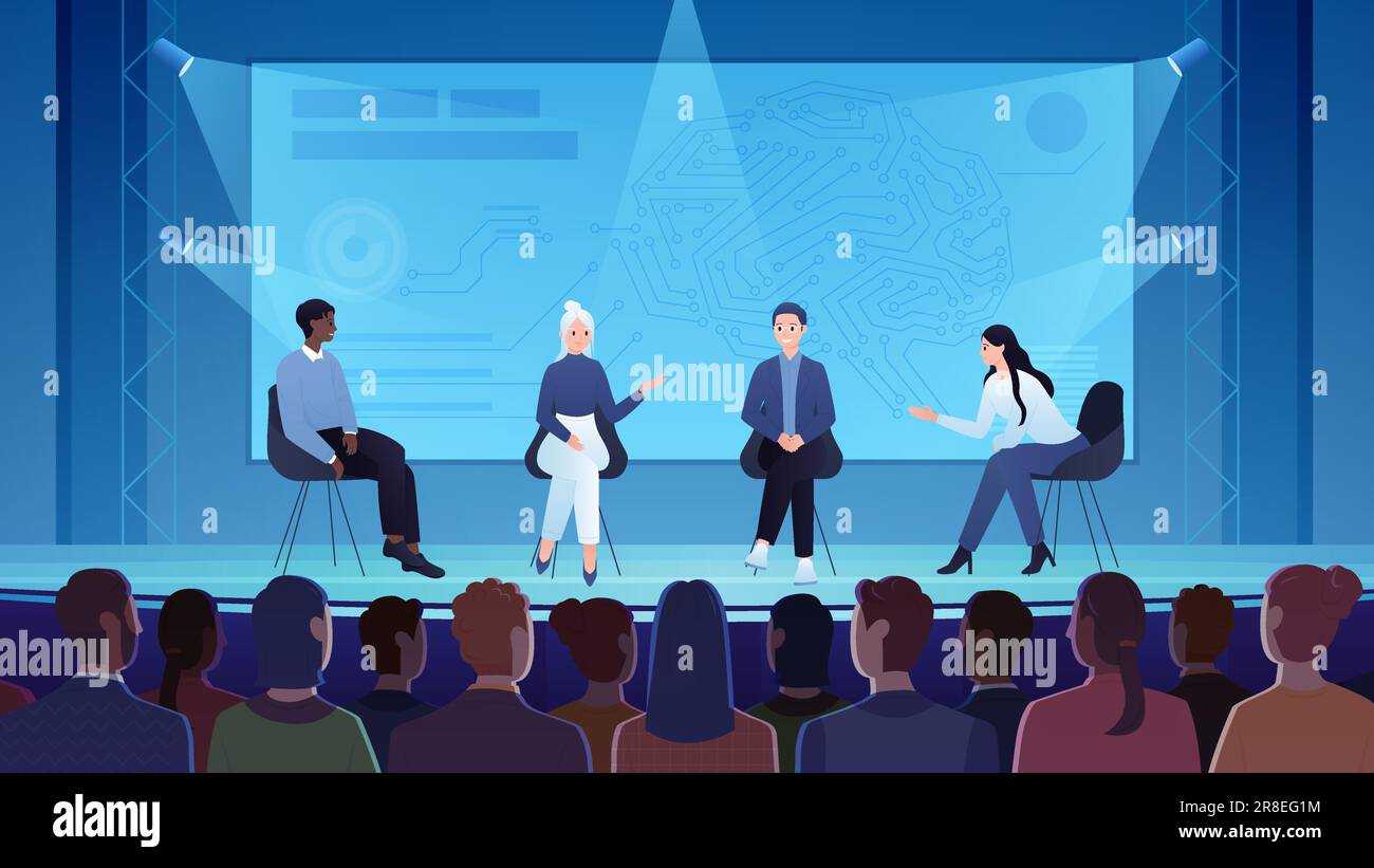 Science conference, lecture with presentation in front of audience vector illustration. Cartoon ...