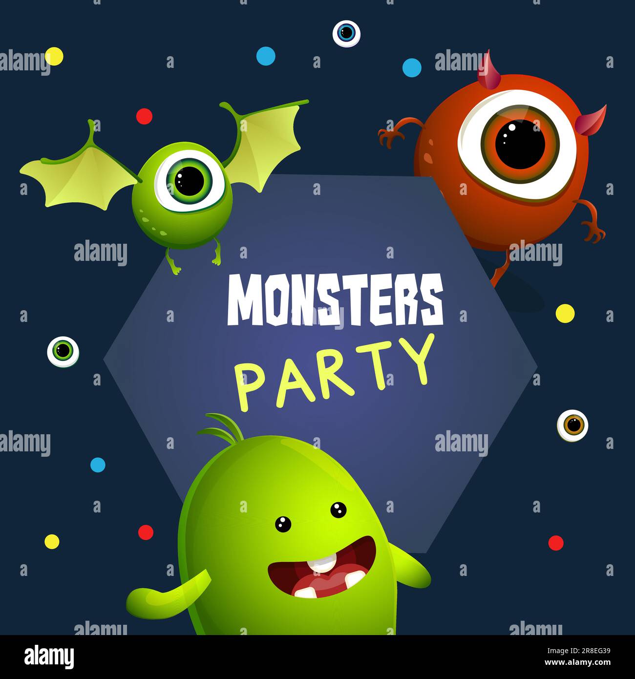 cute monsters Halloween party invitation. On a dark background. Green ...
