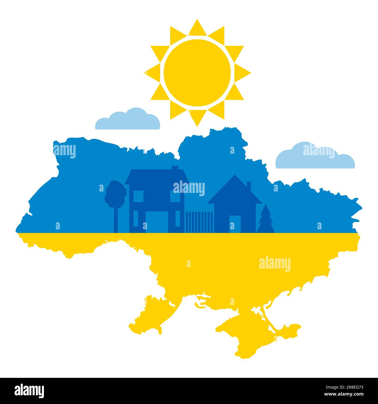 Ukraine map colored in colors of Ukraine flag with houses,trees,sun and ...