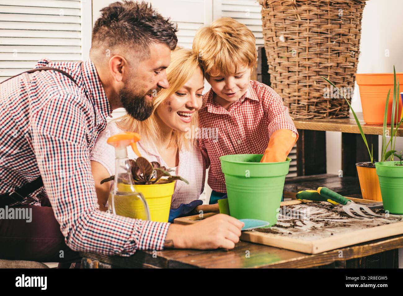 Happy family planting sprout in a plant pot. Little cute boy helps his ...
