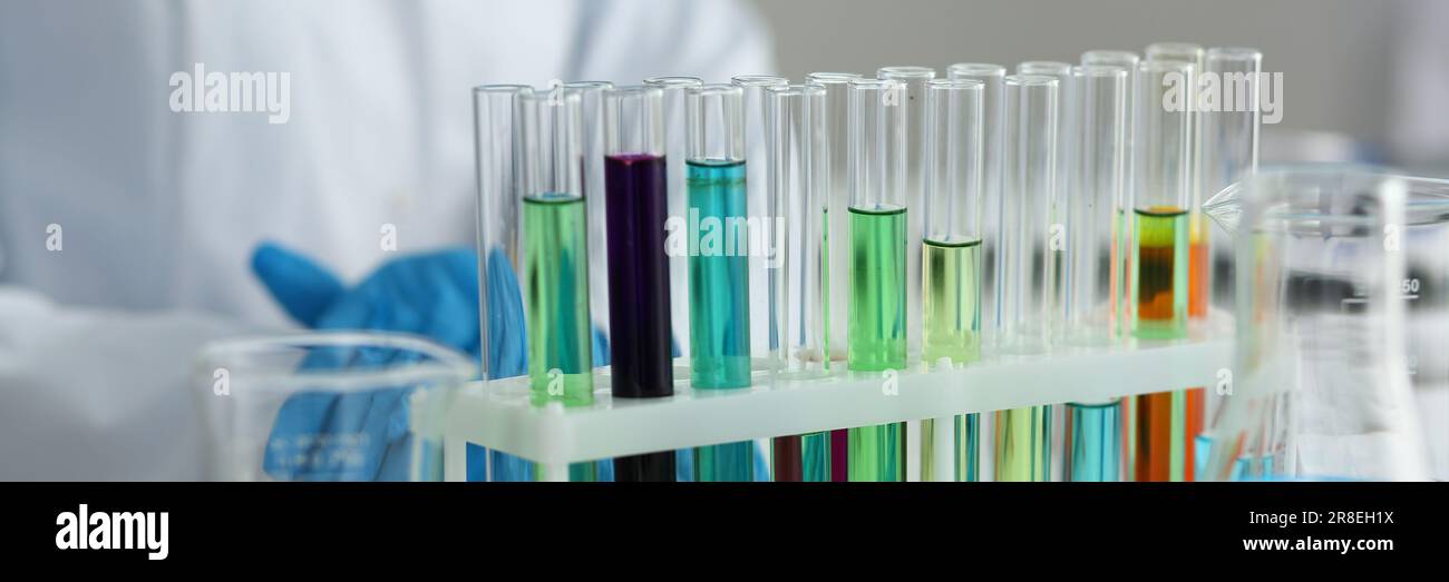Colored toxic and poisonous liquids in test tubes in laboratory Stock ...