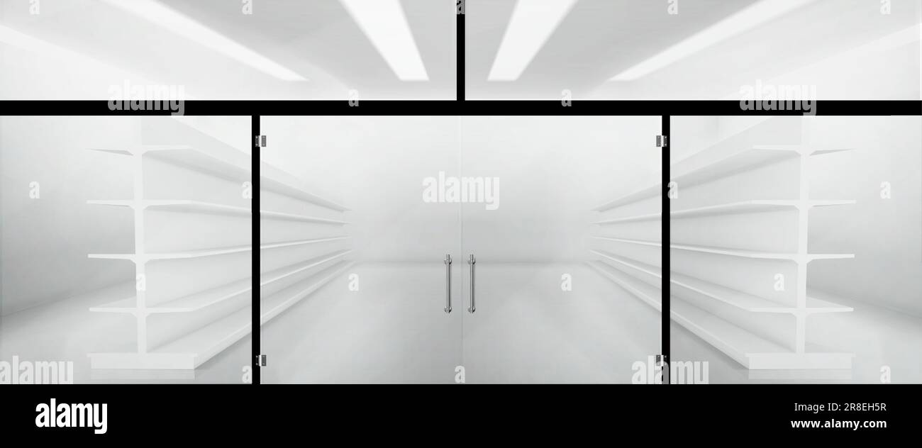 Glass door entrance to store or office mockup. 3d realistic front mall ...