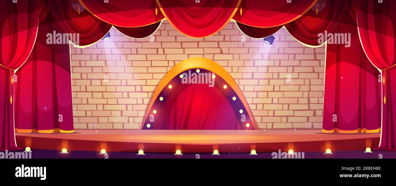 Cartoon theater concert stage with red curtain and spotlight vector ...