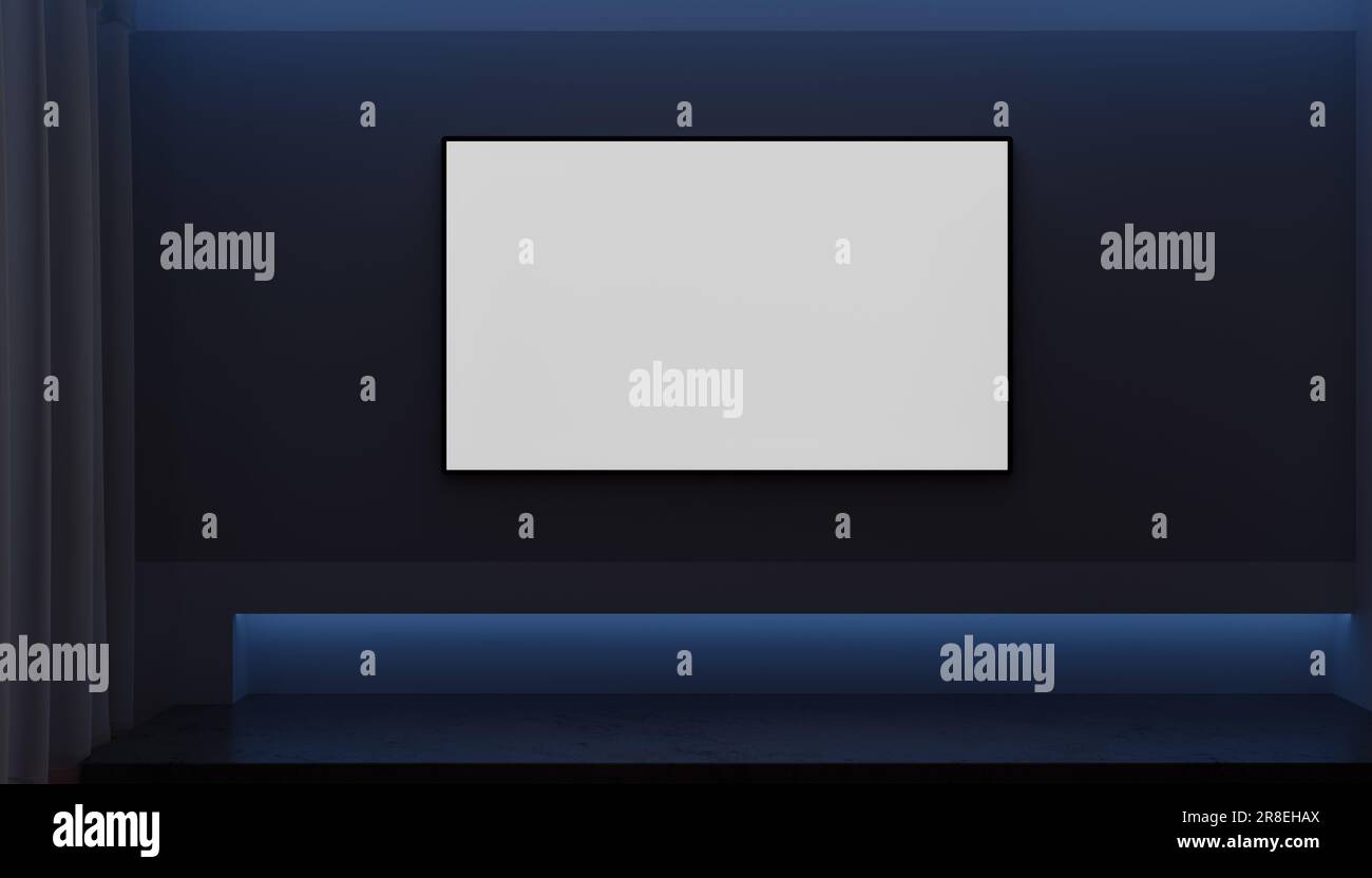 Mock up Television on gray wall in room. Watching online TV. TV 8K flat ...