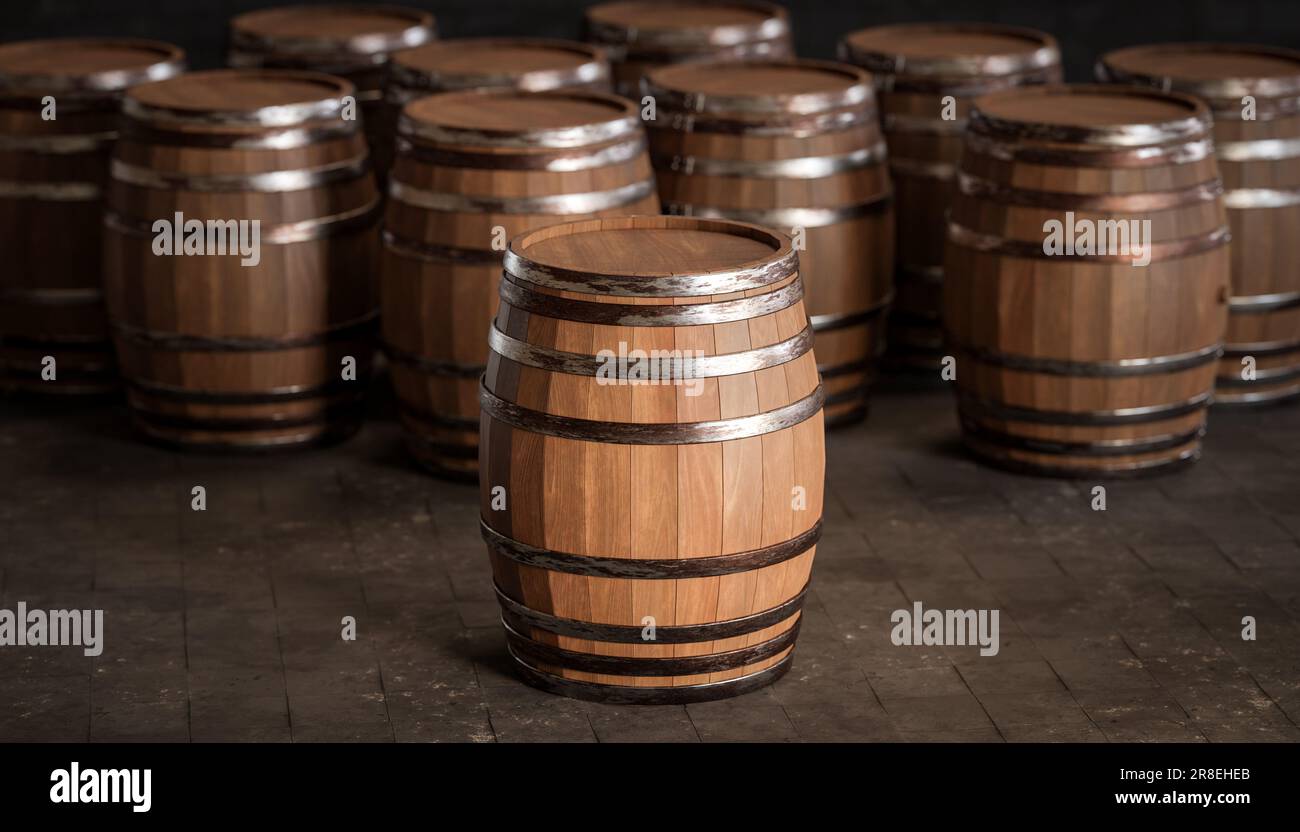 Wooden barrels in cellar. advertising of brewery, winery, tasting of ...