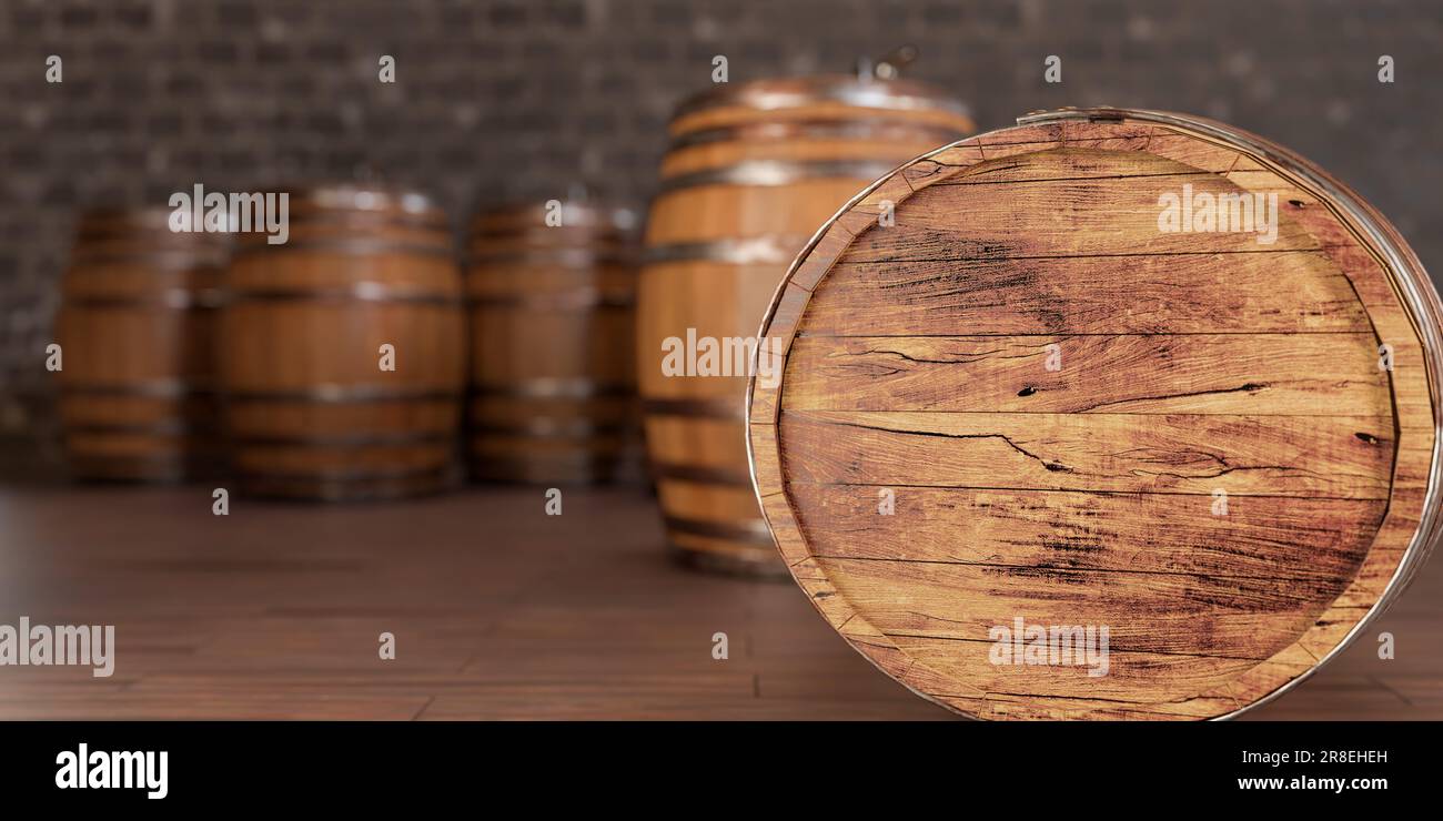 Wooden barrels in cellar. advertising of brewery, winery, tasting of ...