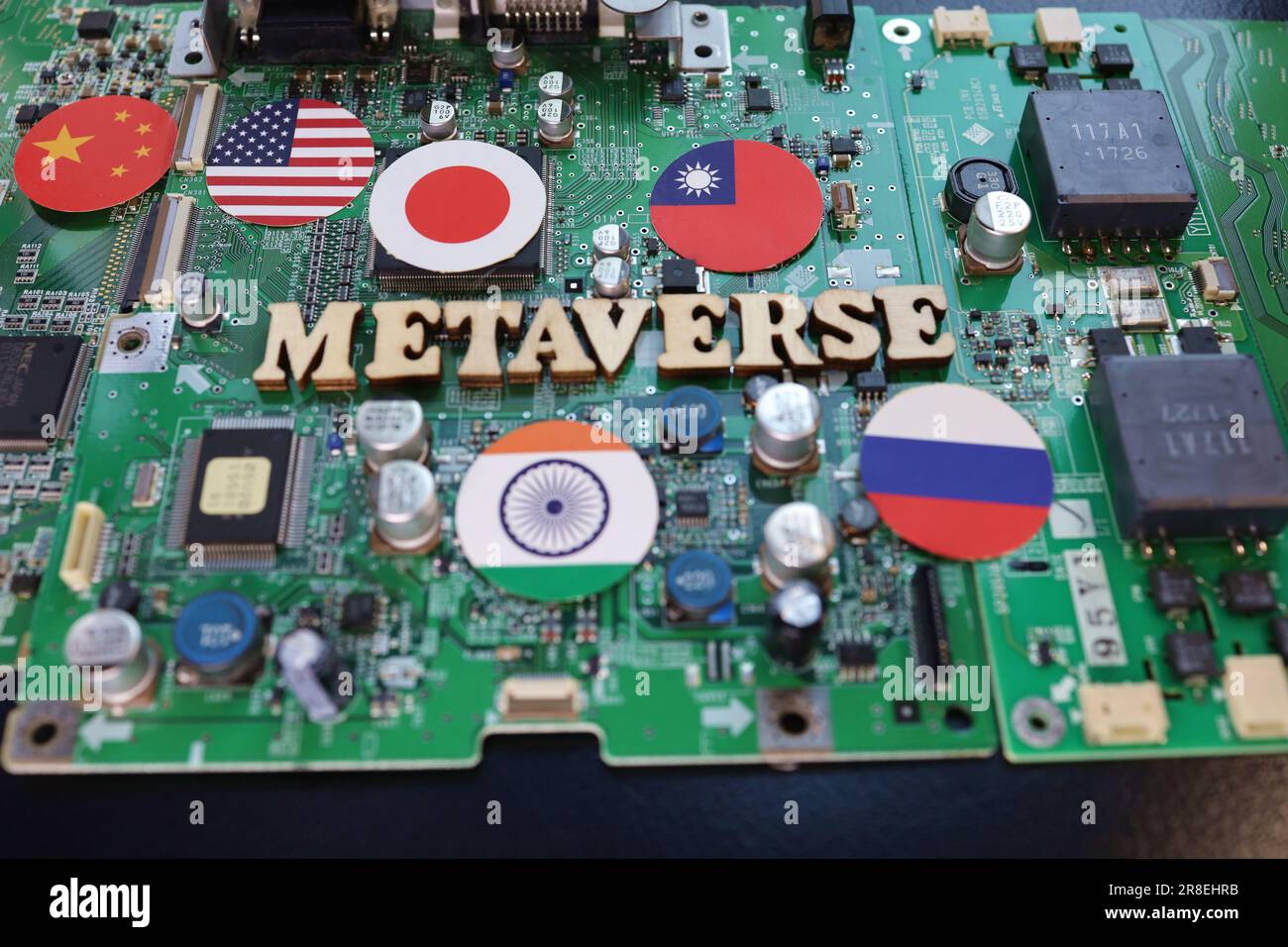 Metaverse characters, motherboard and flag. Theme: Metaverse, high-tech ...