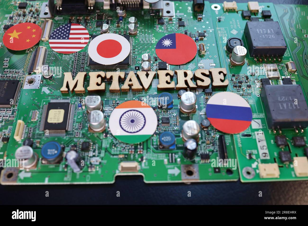 Metaverse characters, motherboard and flag. Theme: Metaverse, high-tech ...