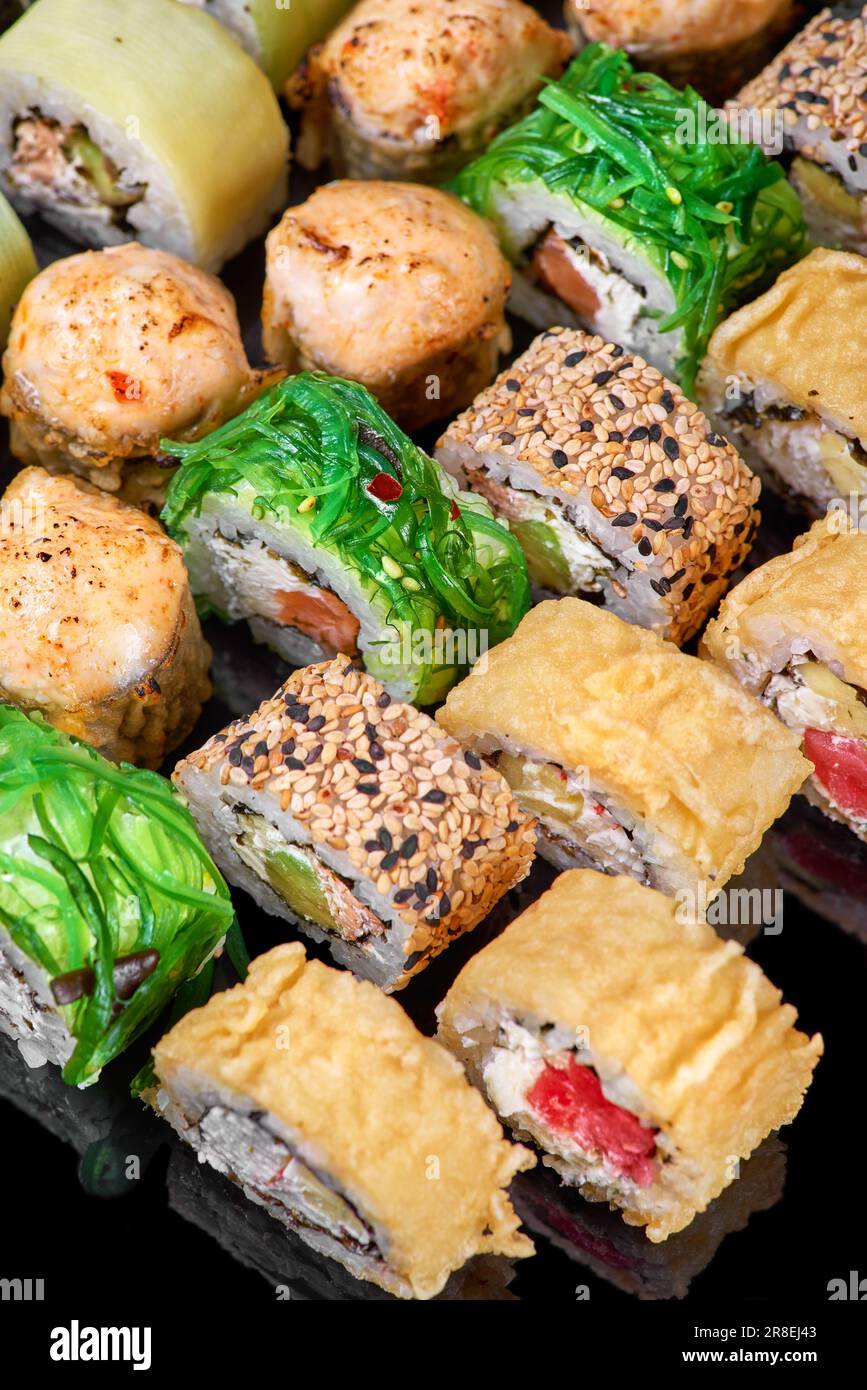 Set of different types of sushi rolls. Ready square restaurant menu ...