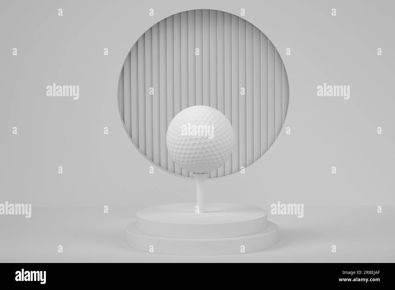 Golf ball on cylinder podium with steps on monochrome background. 3d ...