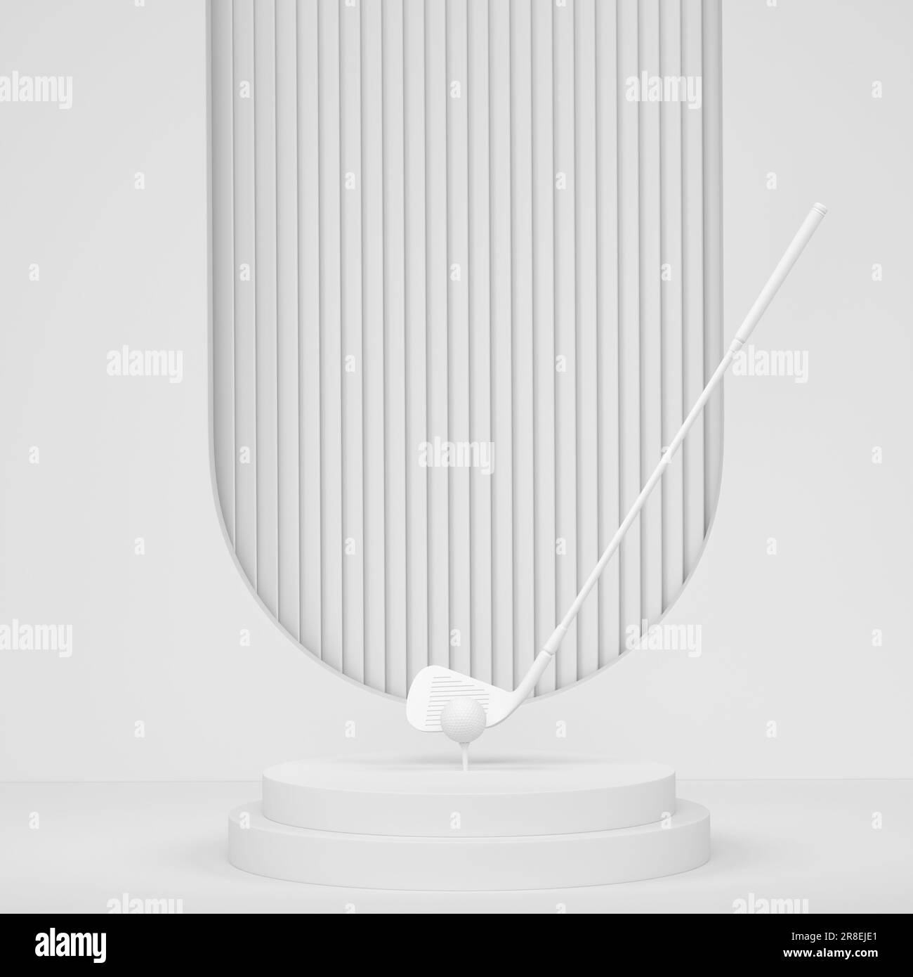 Golf club with ball on cylinder podium with steps on monochrome ...