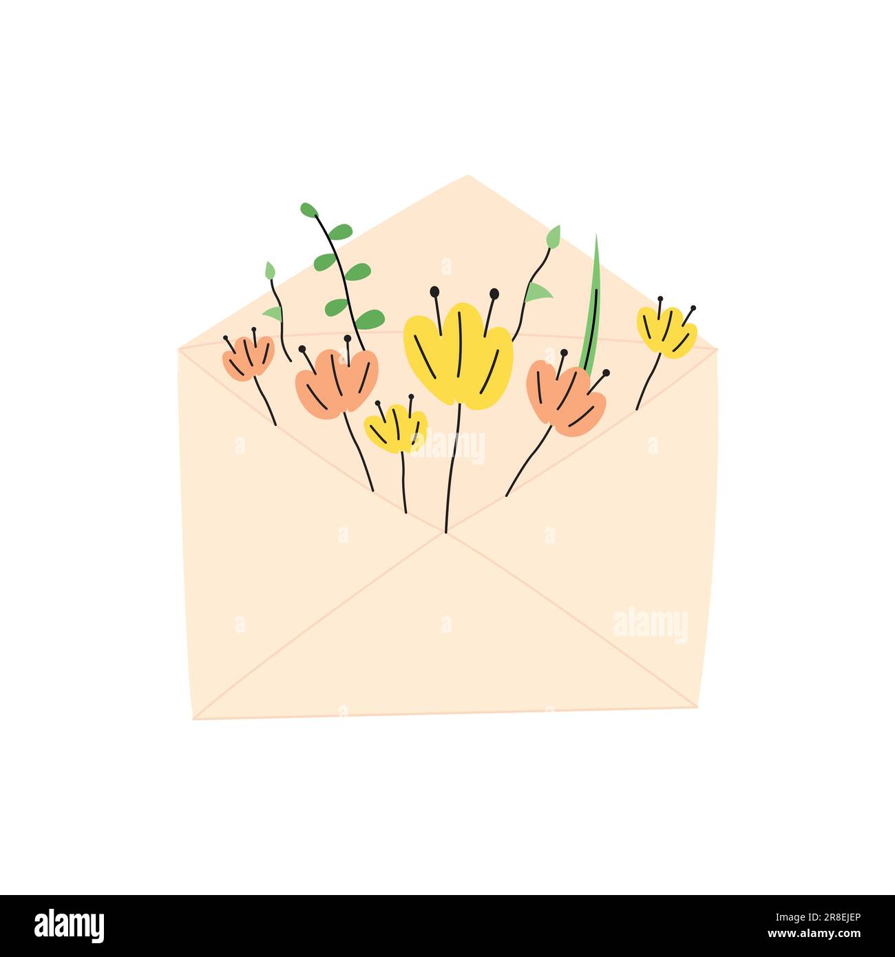 Cute cartoon illustration of envelope with flowers in yellow and pink ...