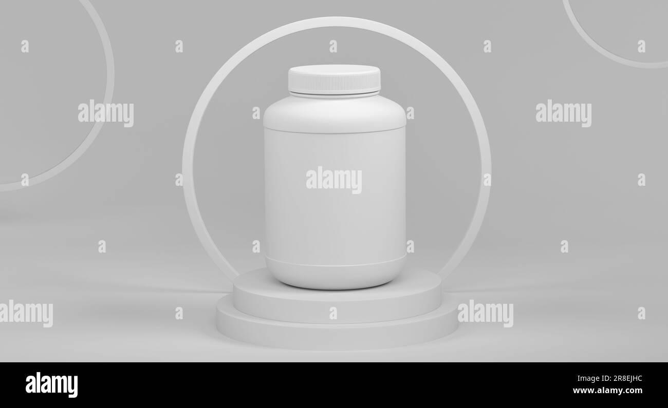 Plastic jar for sport nutrition whey protein powder on cylinder podium ...