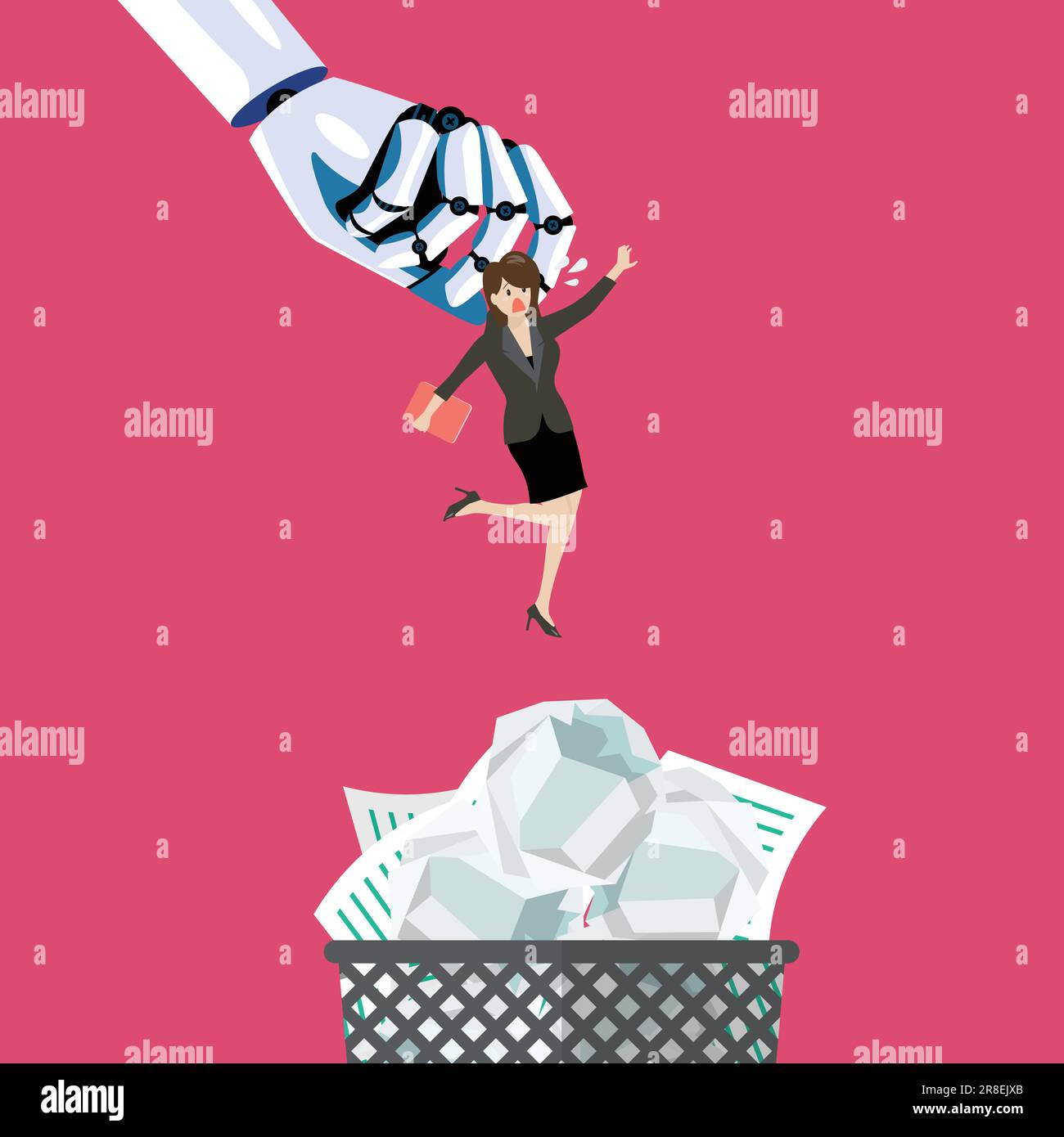 Robot throwing business woman in a trash can. Artifical intelligence ...