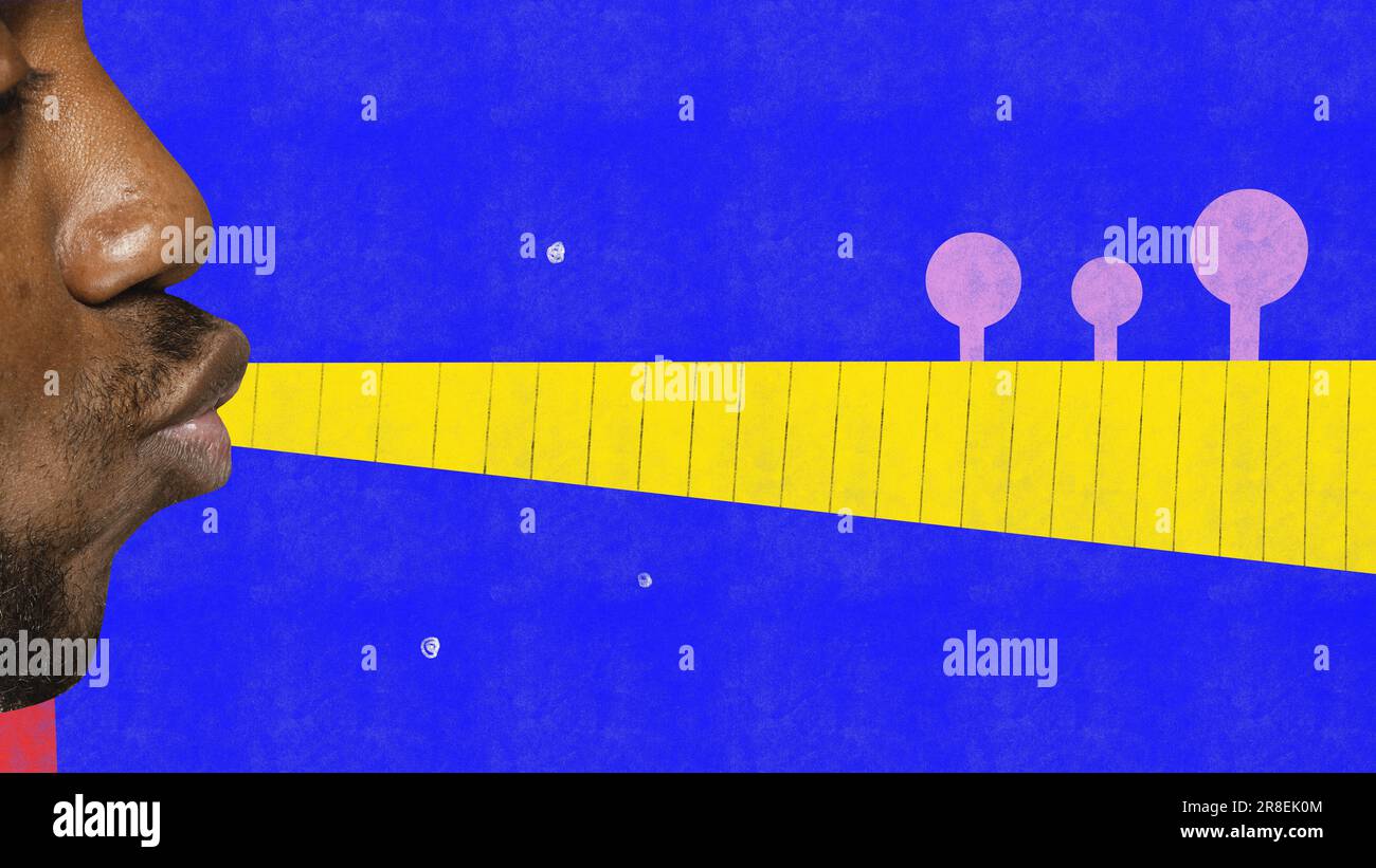 Artistic, talented young man playing classical music instrument against ...