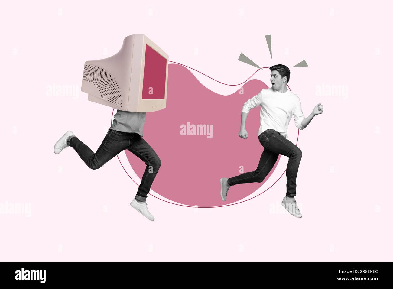 Creative surreal template collage of two business people running away ...