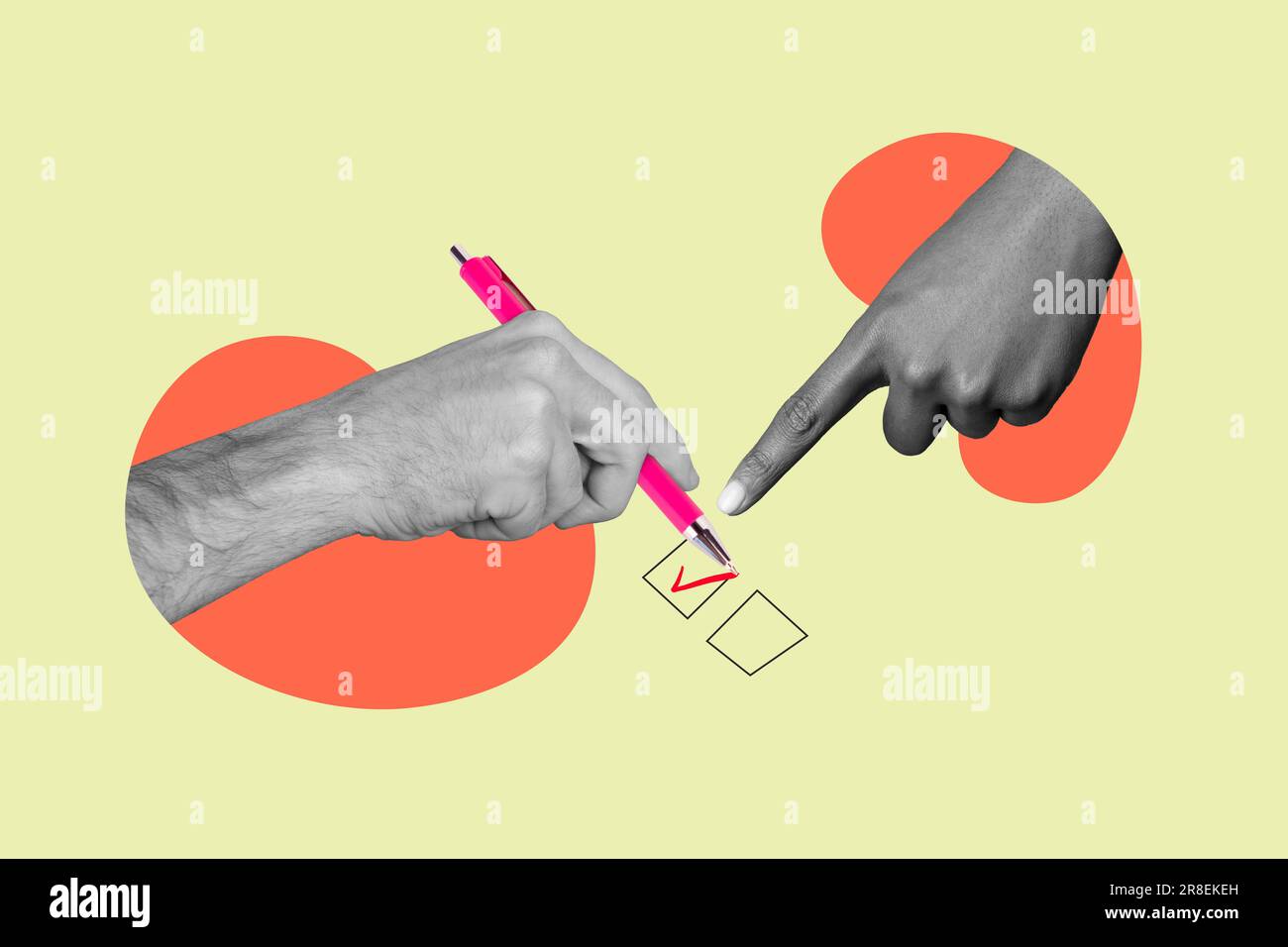 Poster banner collage of human hands using pen for writing check mark ...