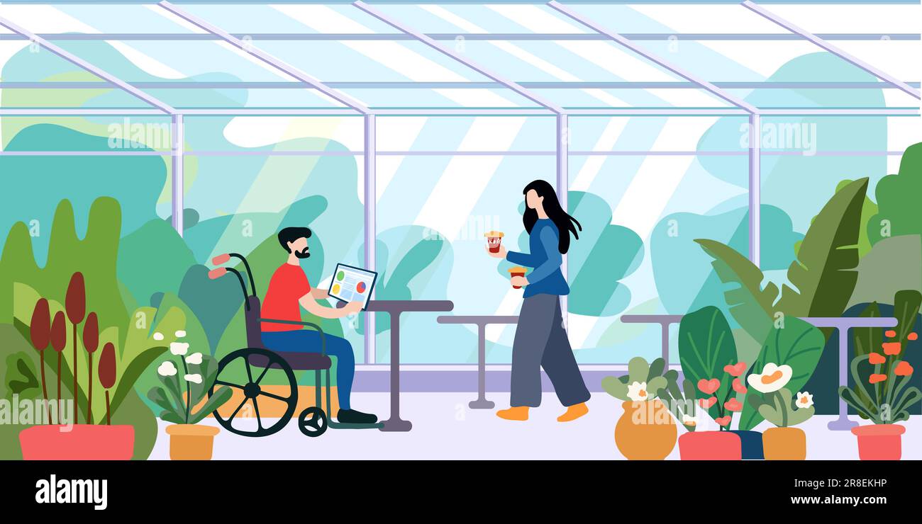 Cafe. People. Workplace of a disabled person in a wheelchair. Inclusion ...