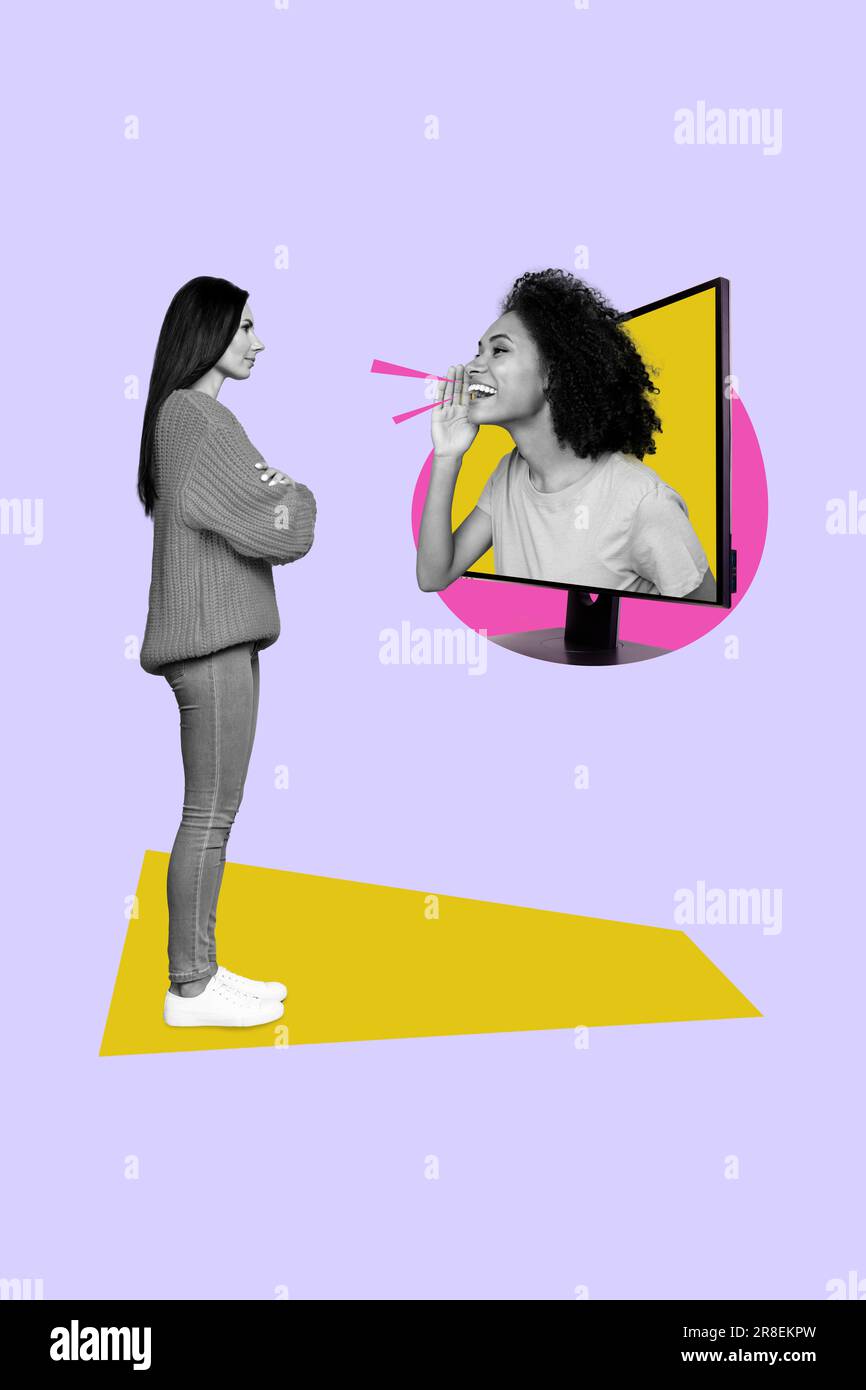 Banner poster collage of lady reporter from computer monitor share ...