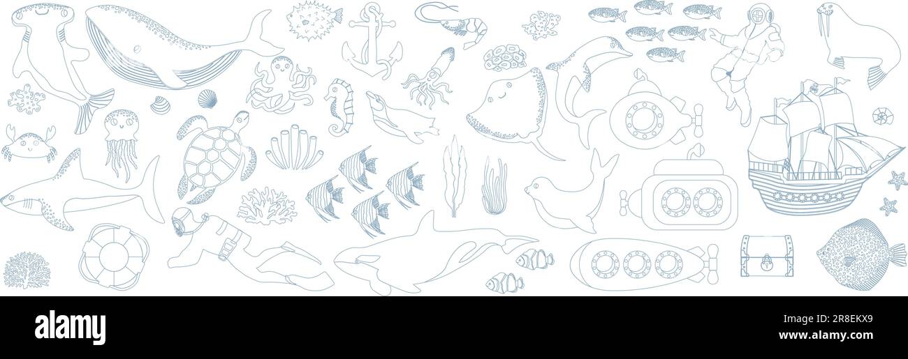 Vector ocean mega set with whale,turtle,jellyfish,shark,crab,octopus ...