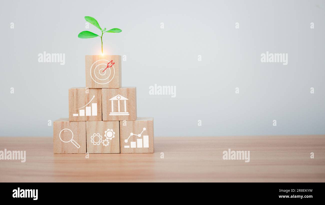 Wood cube block stacking with icon.Concept of business strategy and ...