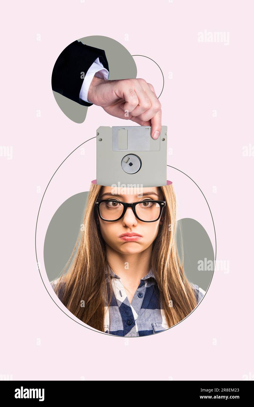 Poster banner collage of lady suffer memory problem insert floppy disk ...