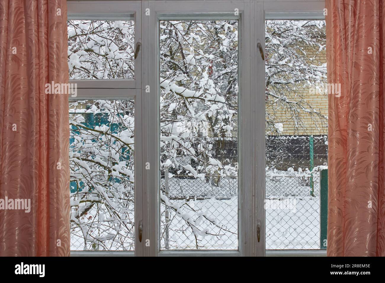white wooden window with curtains and winter outside the window Stock ...