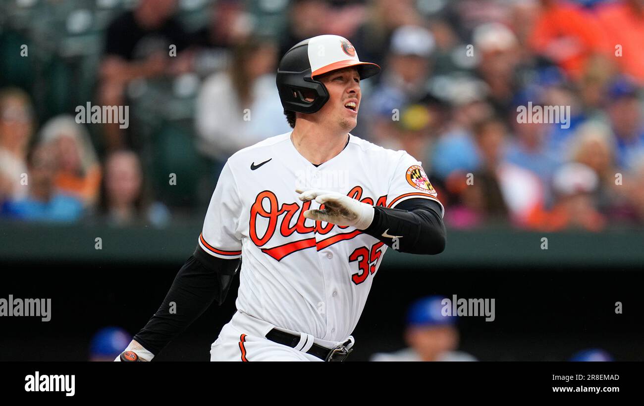 Baltimore Orioles' Adley Rutschman follows through on a swing against ...