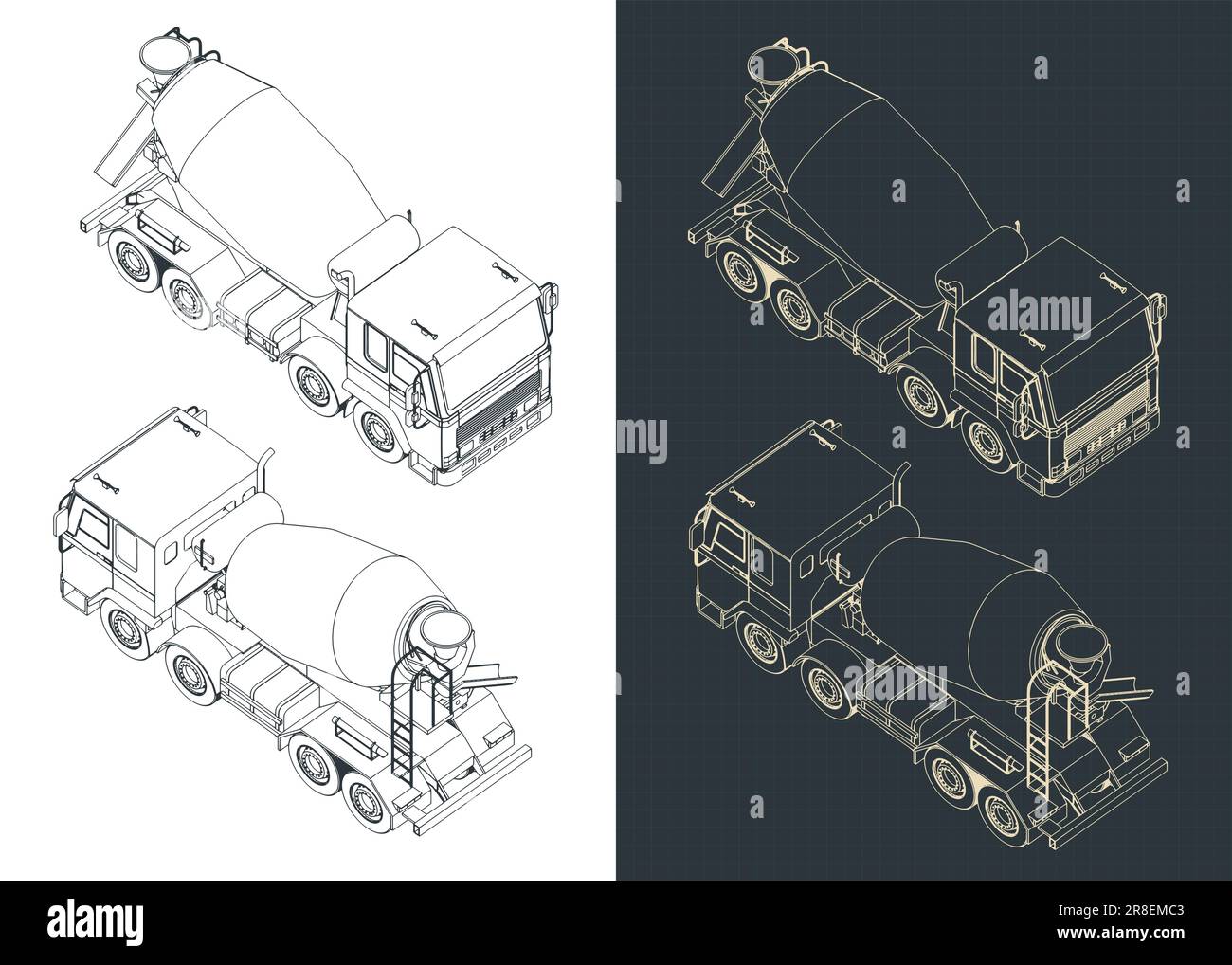 Stylized vector illustrations of isometric blueprints of concrete mixer ...