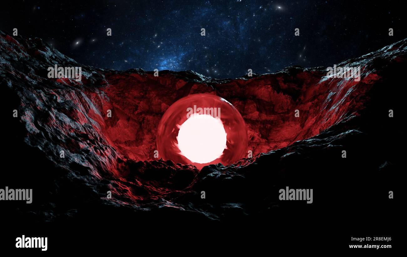 Magic glowing sphere in crater, core of earth. Ball lightning ...