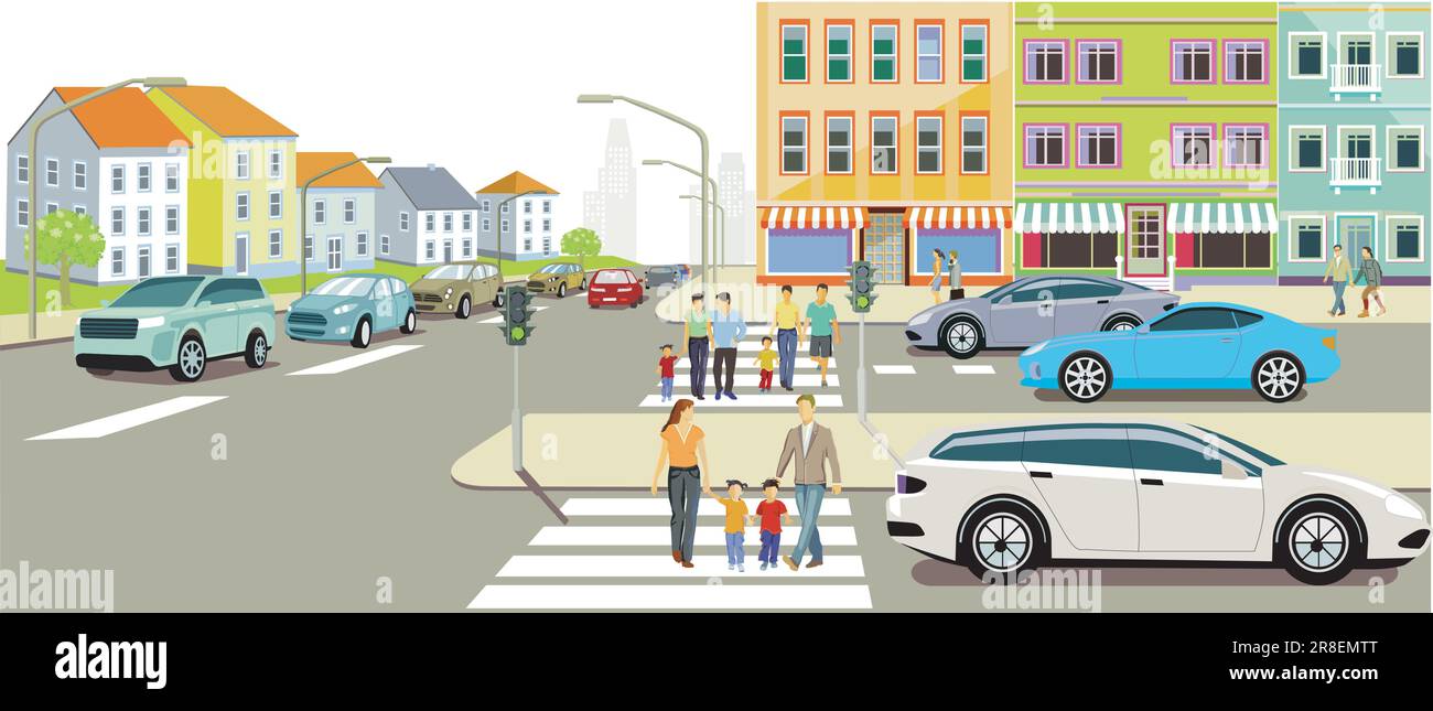 City silhouette of a city with traffic and pedestrians hi-res stock ...